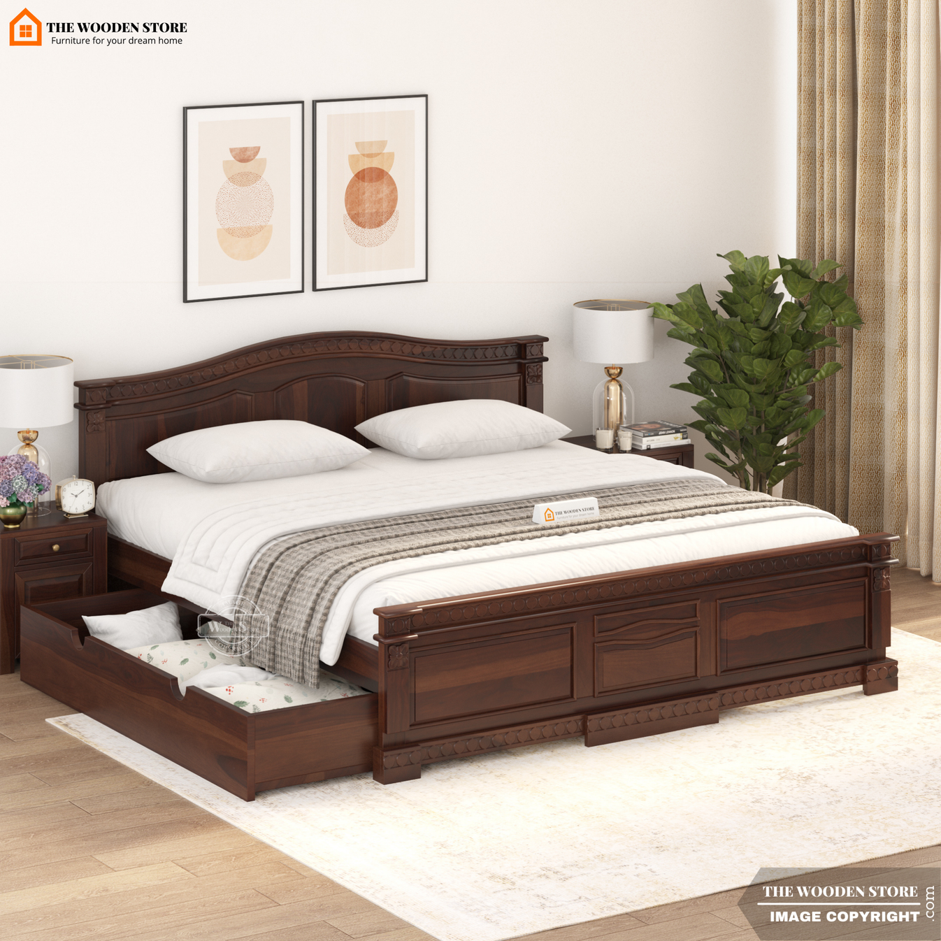 George Bed with Drawer Storage (King Size, Walnut Finish) – The Wooden ...